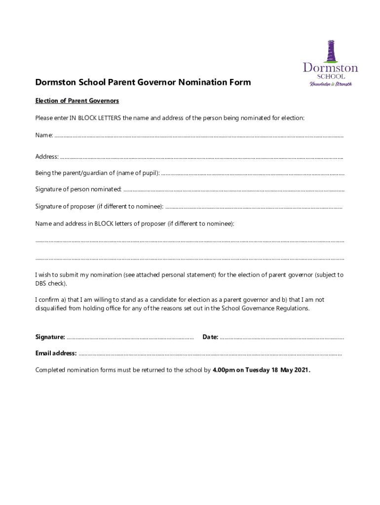 Fillable Online dormston dudley sch Parent-Governor-Nomination-Form ...