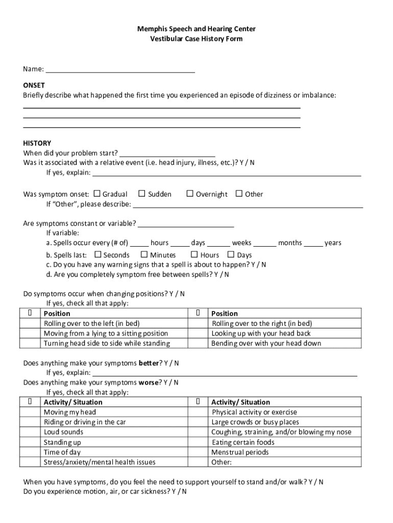 Fillable Online Vestibular History Form - UCSF Medical Center Fax Email ...