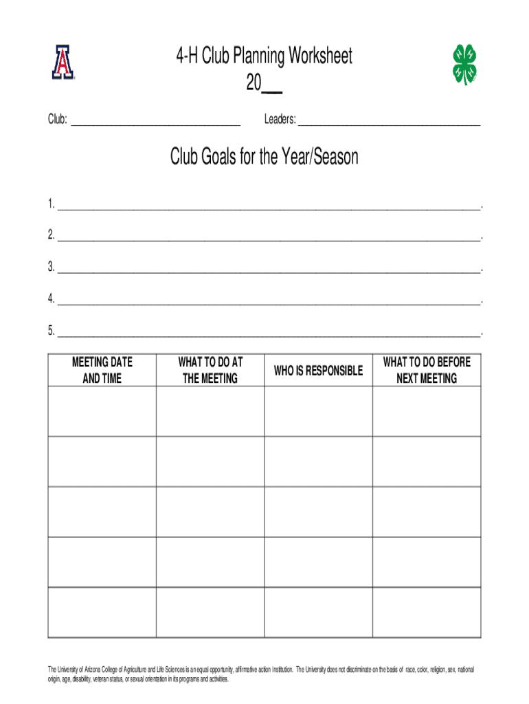 Fillable Online extension arizona 4-H Club Planning Worksheet 20 Fax ...