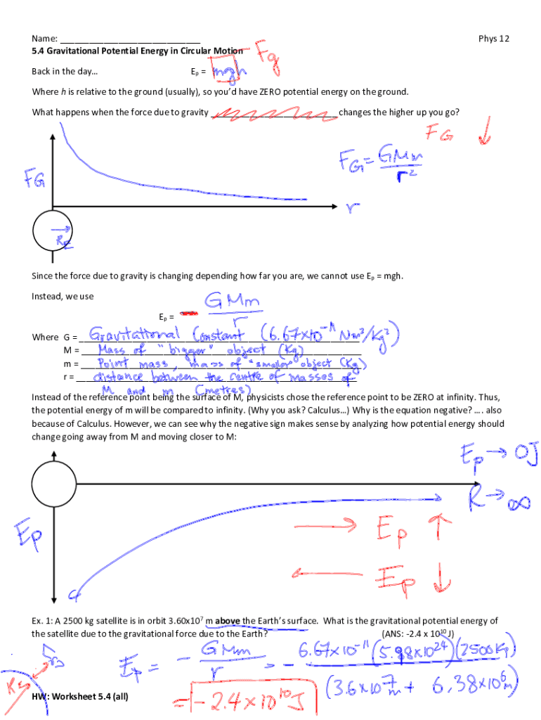 Fillable Online Worksheet 5.4 (all) 5.4 Gravitational Potential Energy ...