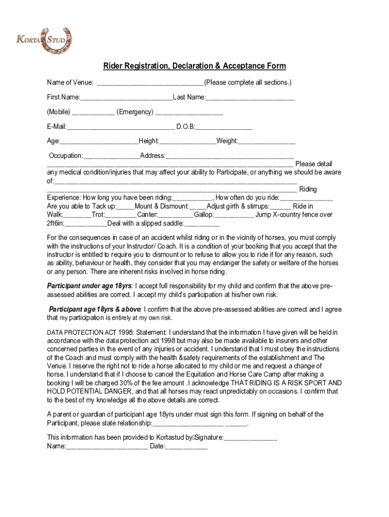 Fillable Online Rider Registration, Declaration & Acceptance Form Fax ...