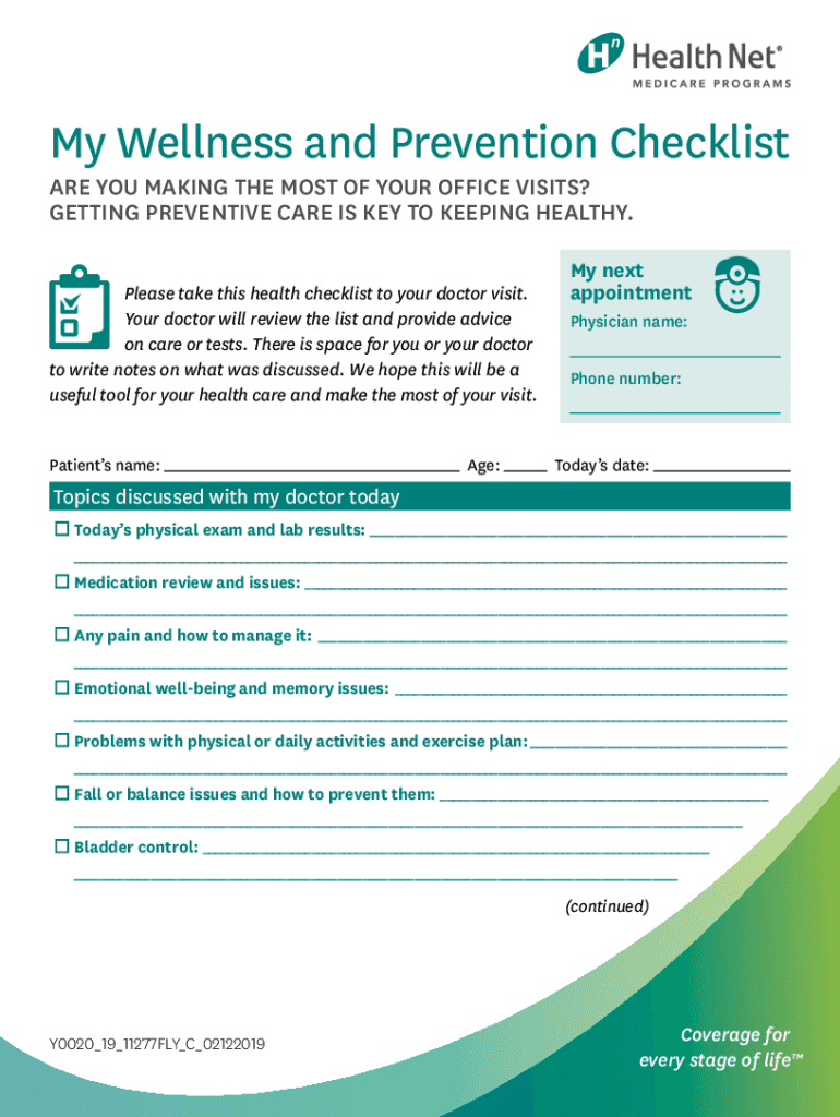 Fillable Online Medicare My Wellness and Prevention Checklist. CA ...