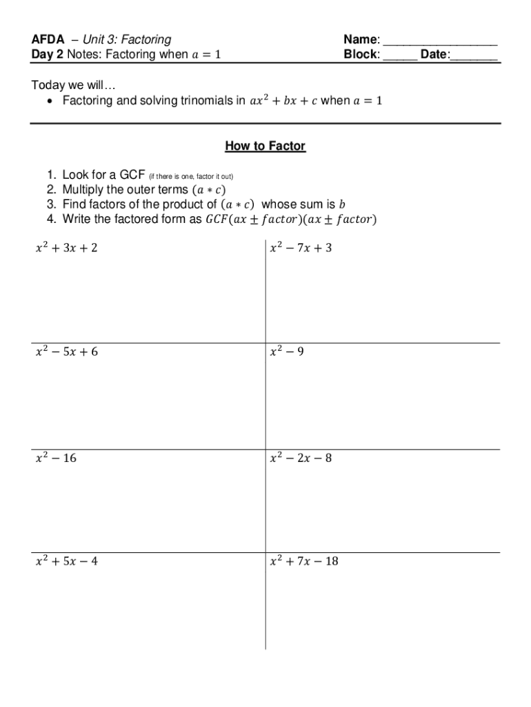 Fillable Online Worksheet: Factoring Trinomials (a1) Fax Email Print ...