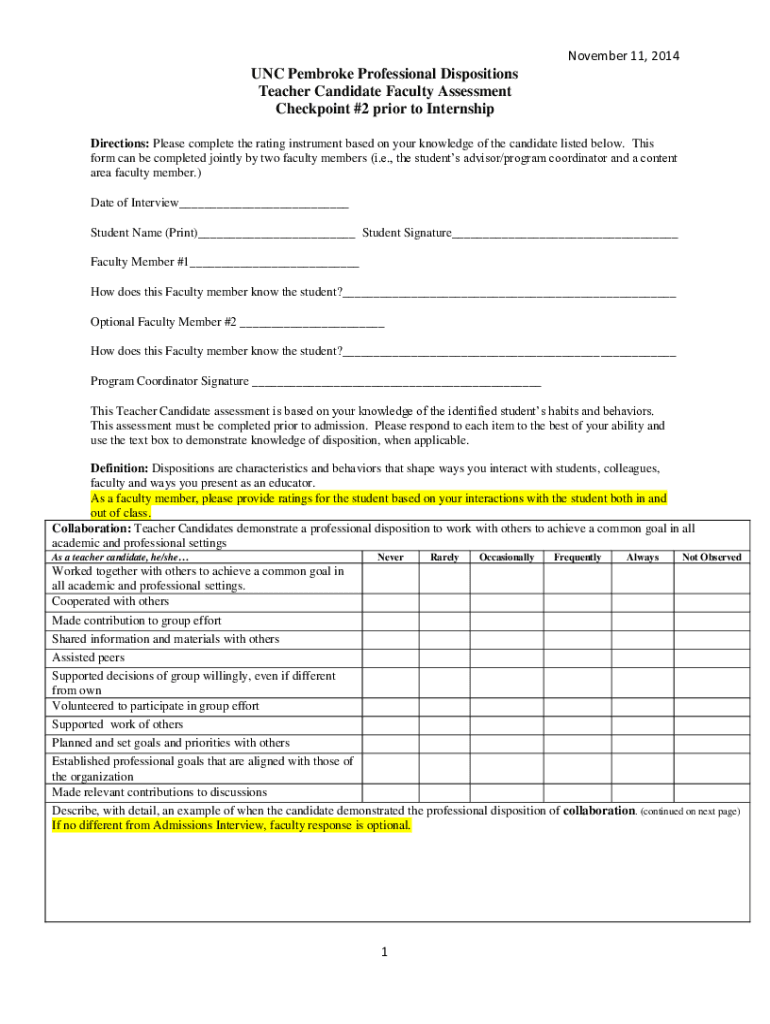 Fillable Online Assessment of Pre-Service Teacher Dispositions Fax ...