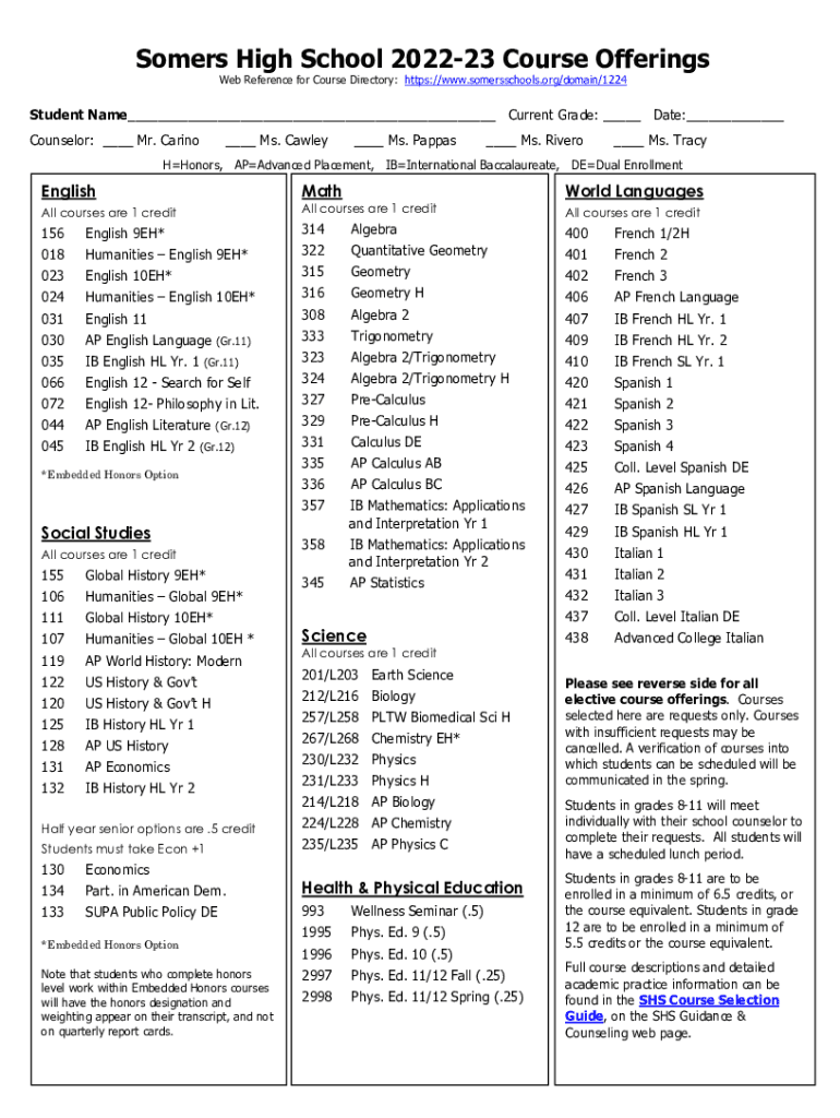Fillable Online Somers High School Course Offering List Fax Email Print ...