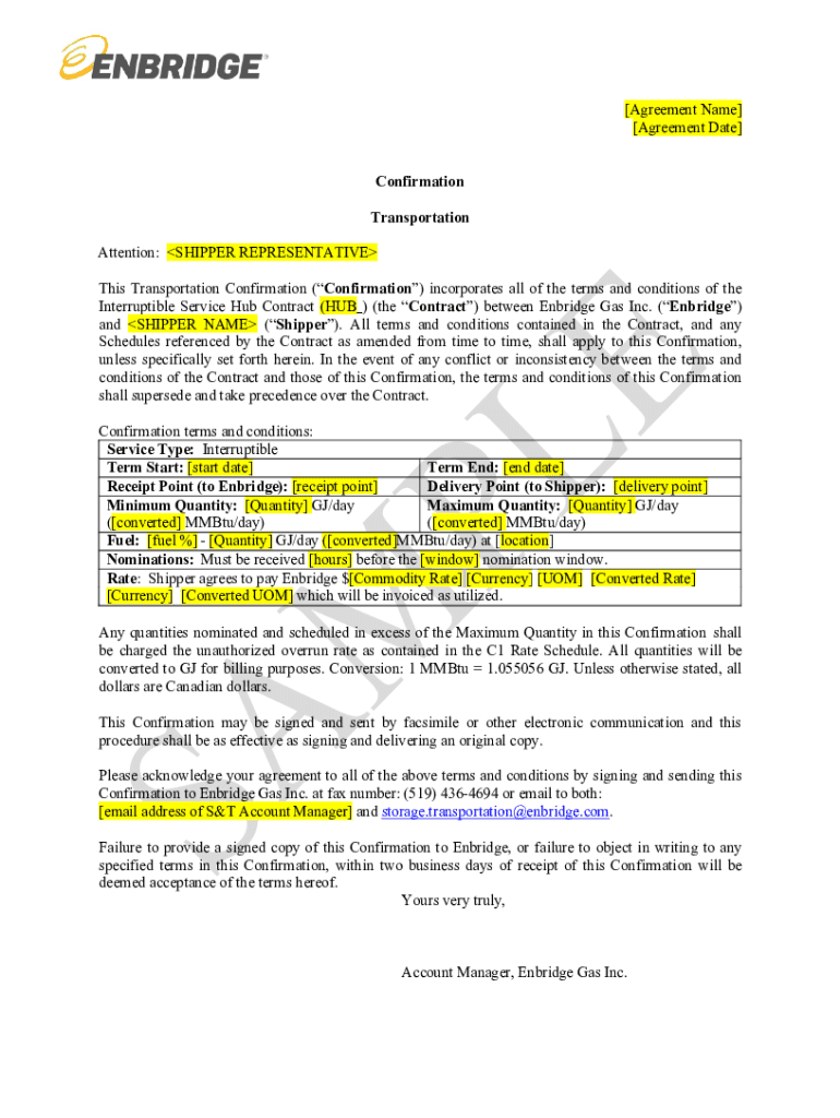 Fillable Online Enbridge Gas Confirmation Transportation HUB Contract ...