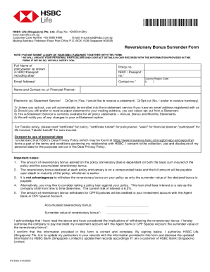 Fillable Online Reversionary Bonus Surrender Form Fax Email Print ...
