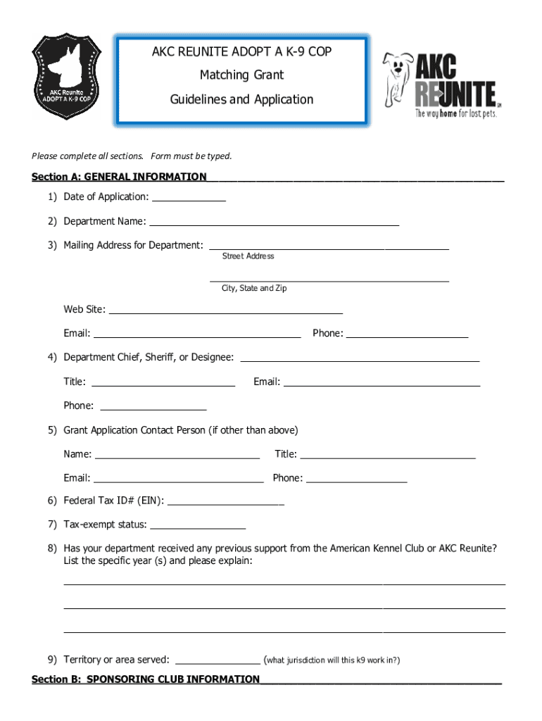 Fillable Online AKC Reunite Adopt a K-9 Cop Matching Grant Guidelines ...