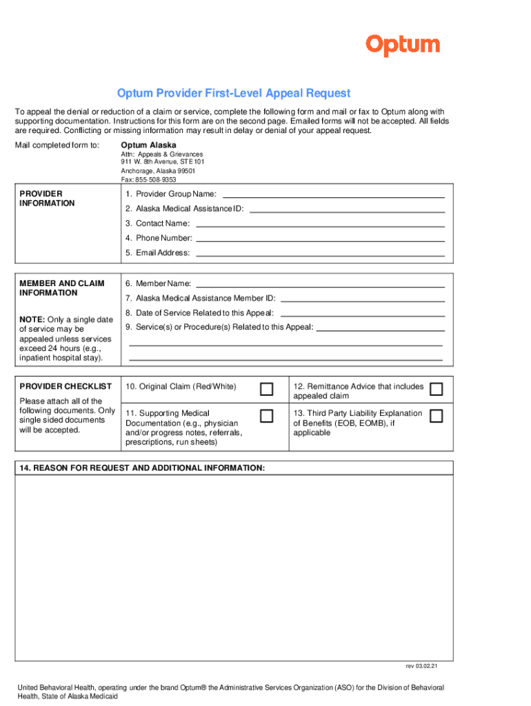 Fillable Online Provider First Level Appeals Form. Provider First Level ...