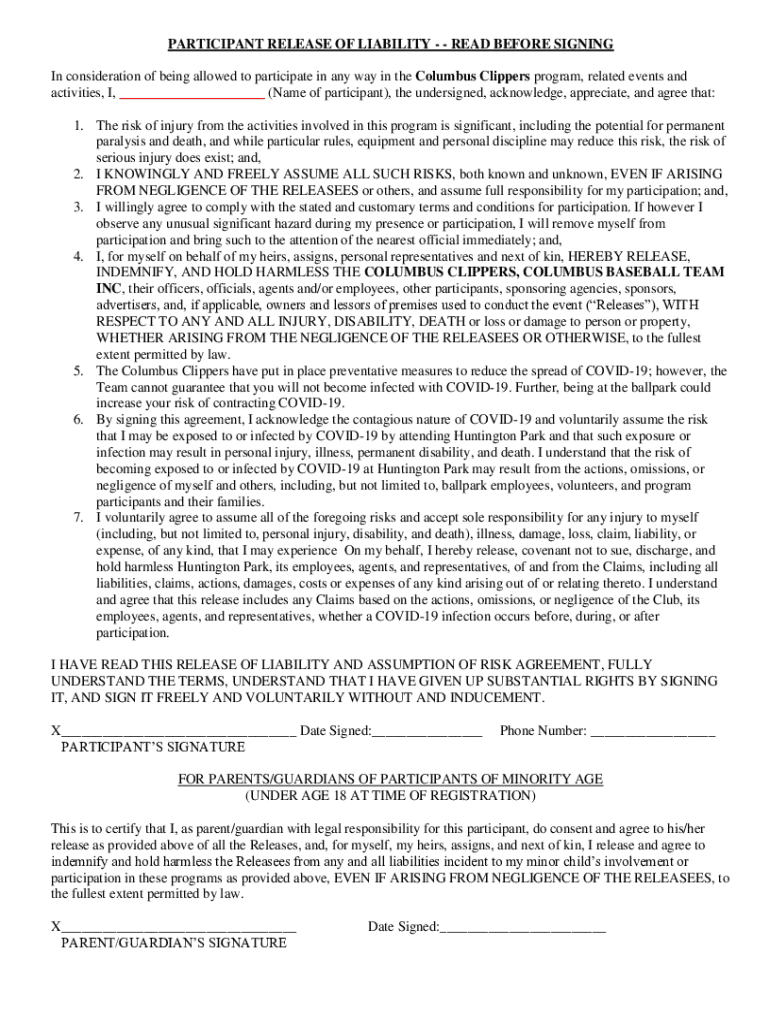 Fillable Online PARTICIPANT RELEASE OF LIABILITY - - READ BEFORE SIGNING Fax Email Print - pdfFiller