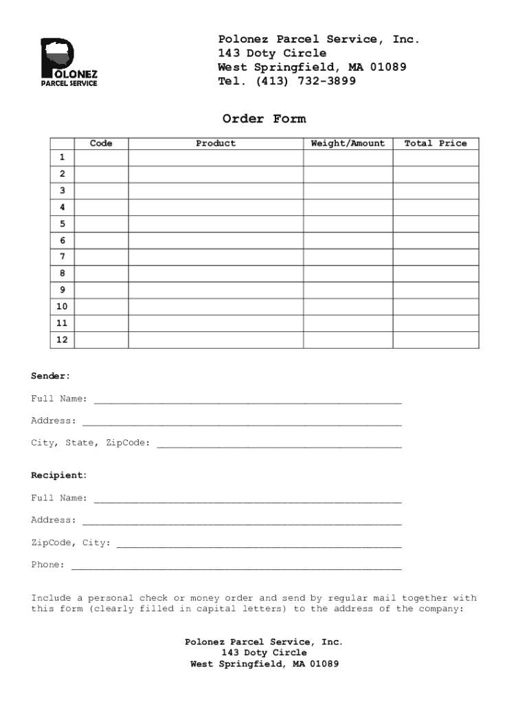 Fillable Online Polonez Parcel Service - West Springfield, MA 01089 Fax Email Print - pdfFiller