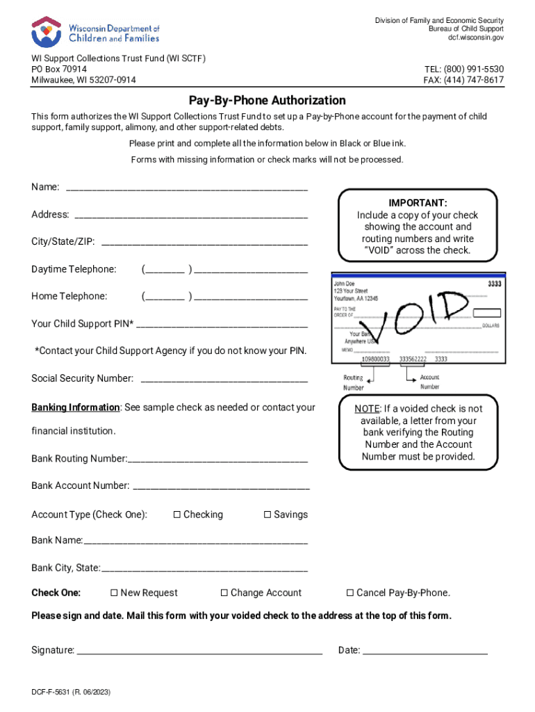 Fillable Online dcf wisconsin Pay-By-Phone Authorization, DCF-F-5631. Division of Family and ...
