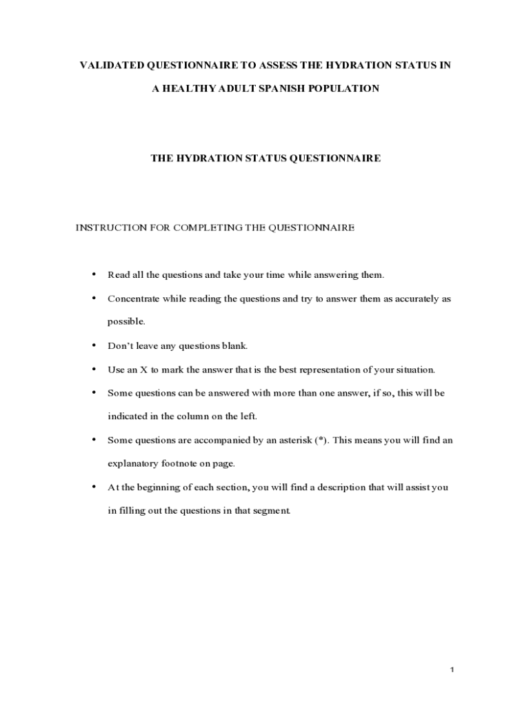 Fillable Online Validated questionnaire to assess the hydration status ...