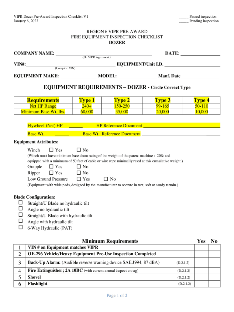 Fillable Online VIPR Dozer Pre-Award Inspection Checklist V1 January 6, ... Fax Email Print ...