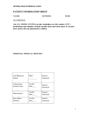 Fillable Online PATIENT INFORMATION SHEET NAME: GENDER: DOB Fax Email Print - pdfFiller