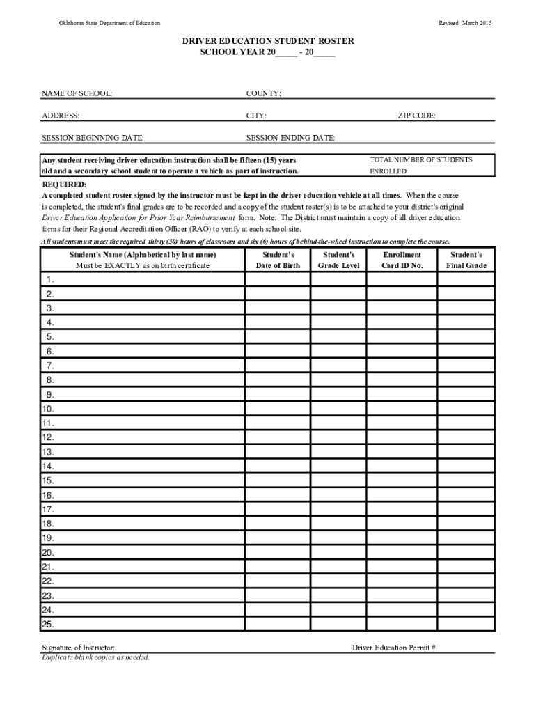 Fillable Online sde ok Driver Education Student Roster School Year 20 ...