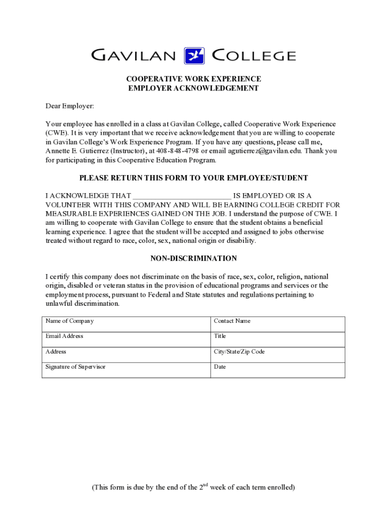 Fillable Online Employer Information Cooperative Work Experience Fax ...