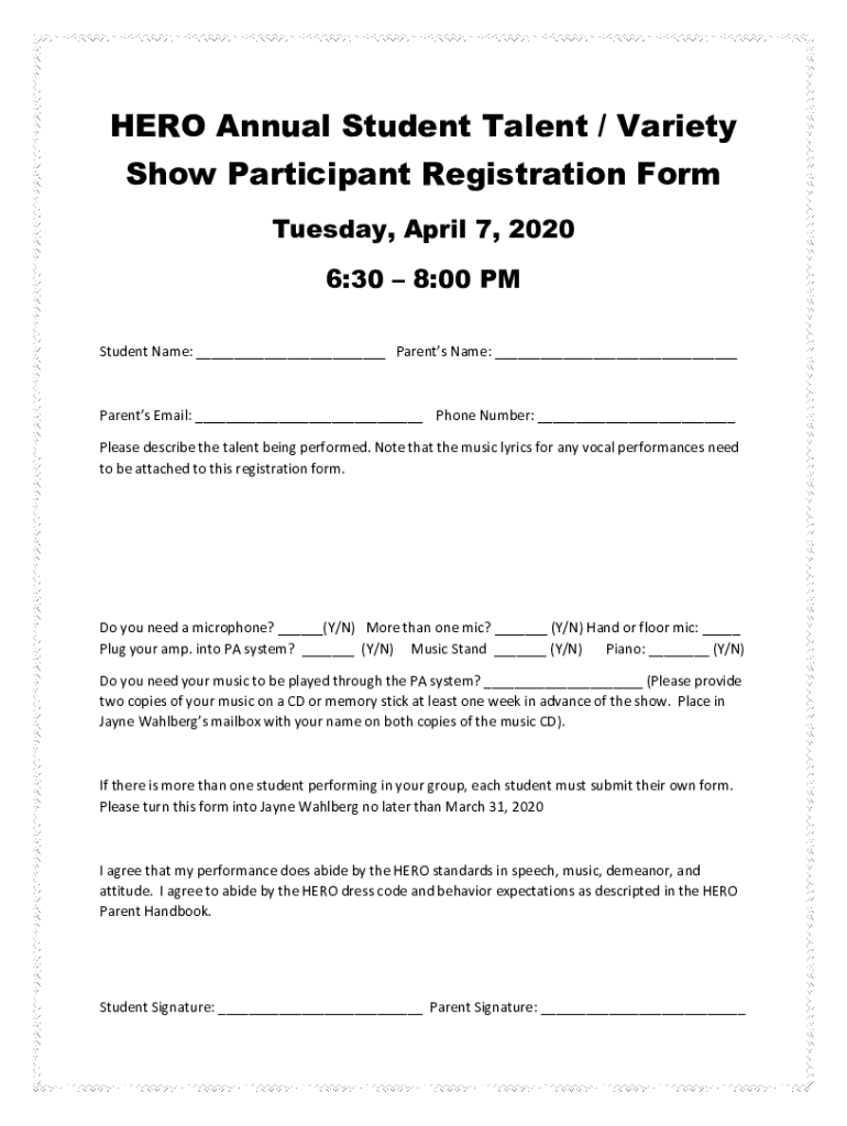 Fillable Online HERO Annual Student Talent / Variety Show Participant ...