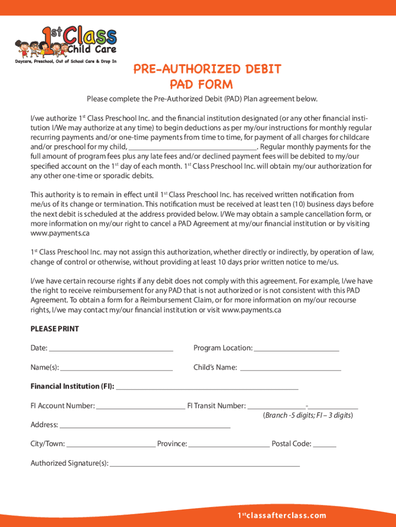 Fillable Online Sample Pre-Authorized Debit (PAD) Agreement Fax Email ...