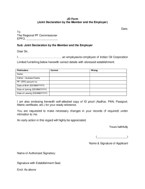 Fillable Online JD Form (Joint Declaration by the Member and the Employer) Date ... Fax Email ...