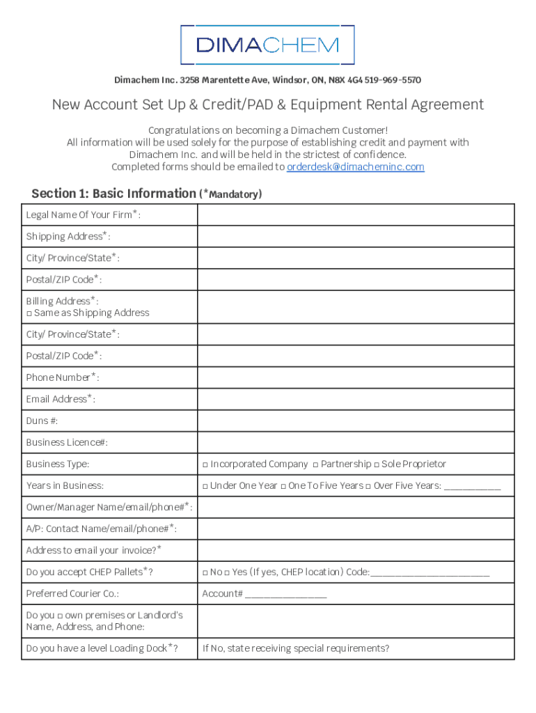 Fillable Online New Account Set Up and Credit/PAD and Equipment Rental ...