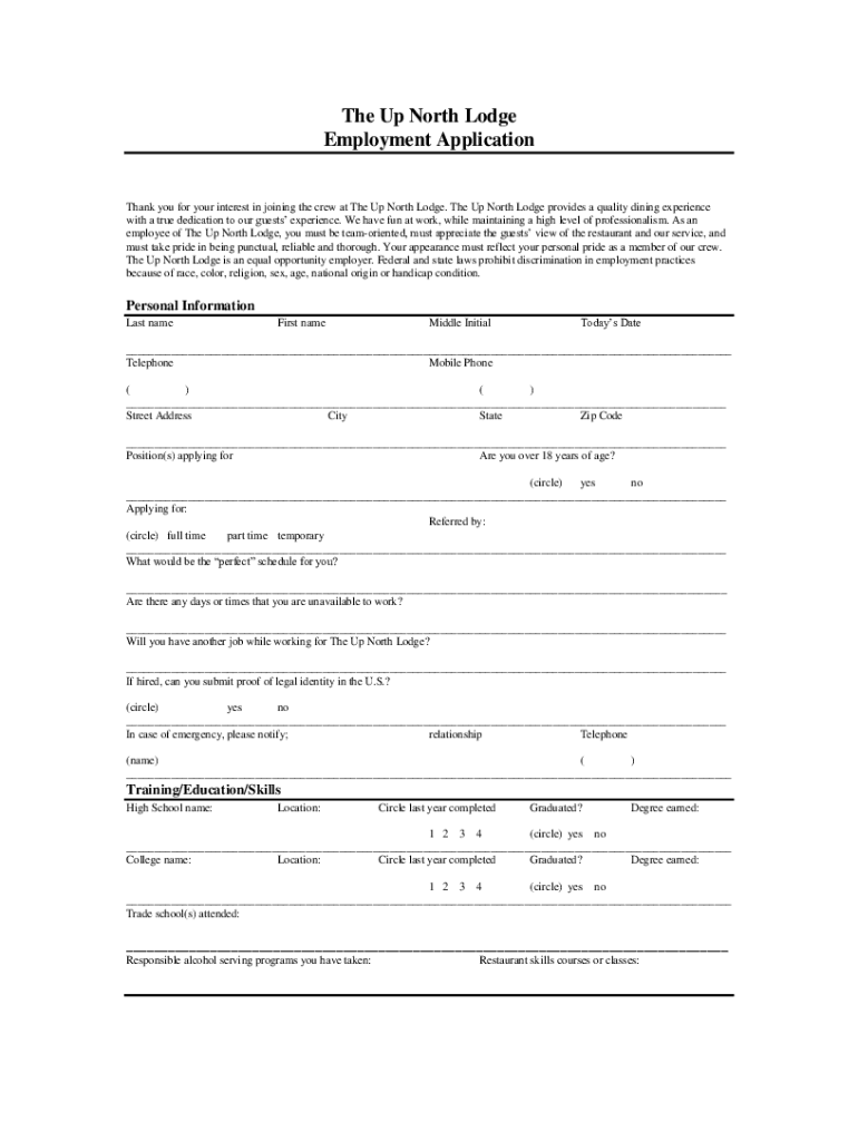 Fillable Online The Up North Lodge - Family Dining & Bar - Gwinn, MI ...