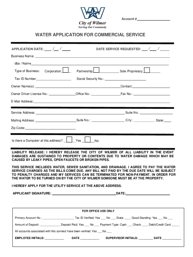 Fillable Online WATER APPLICATION FOR COMMERCIAL SERVICE Fax Email Print - pdfFiller