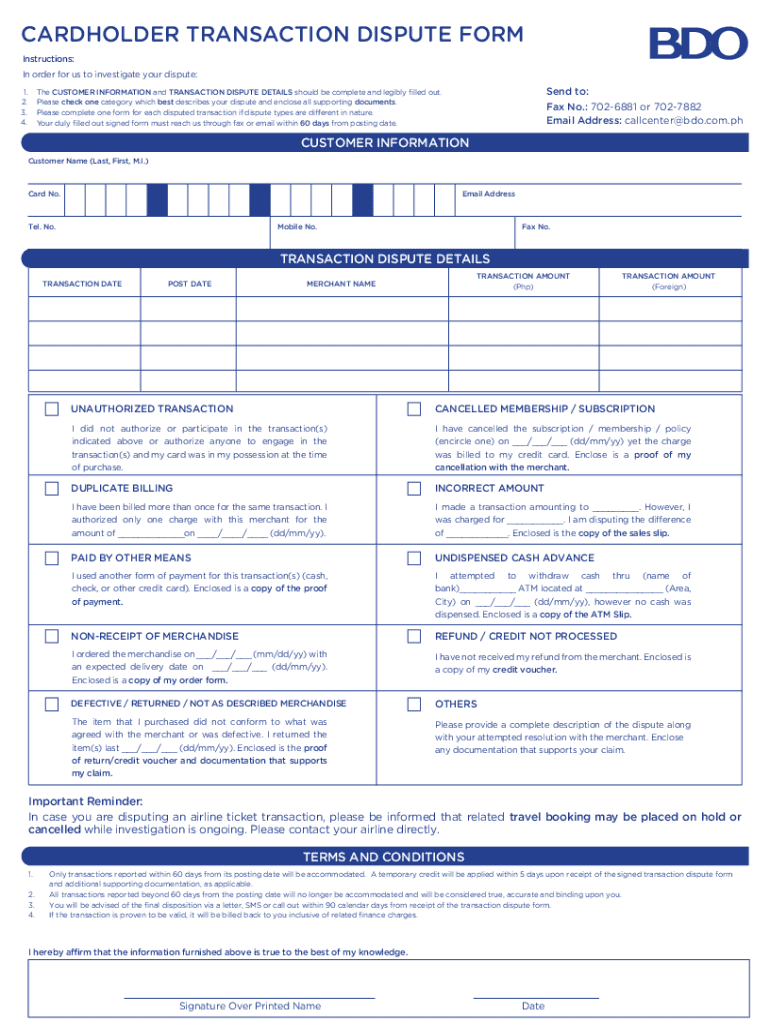 Fillable Online Bdo Dispute Form - Fill Out and Sign Printable PDF Template Fax Email Print ...