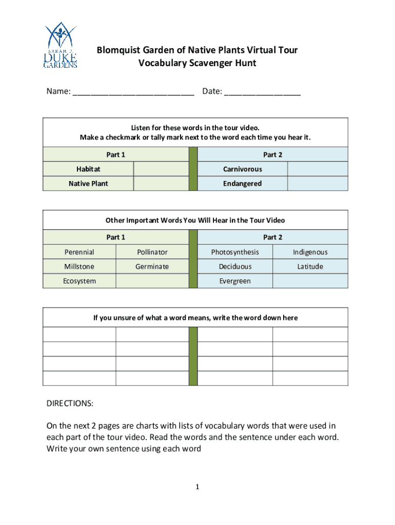 Fillable Online Blomquist Garden of Native Plants Virtual Tour ...