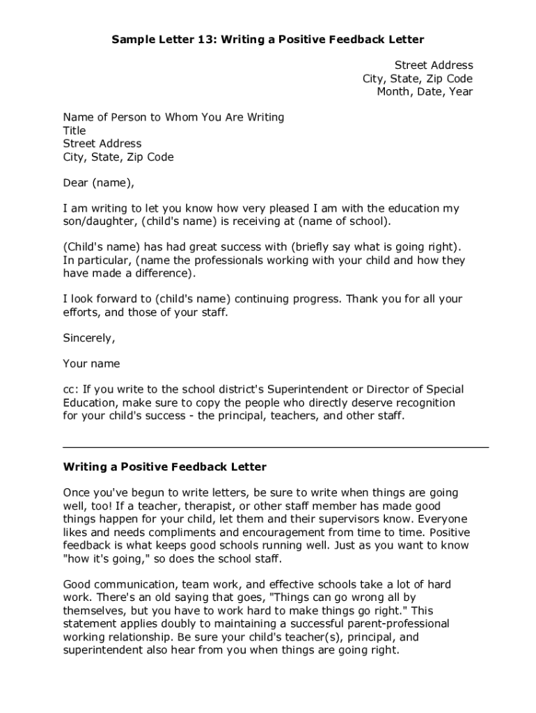 Fillable Online Sample Letter 13: Writing a Positive Feedback Letter ...