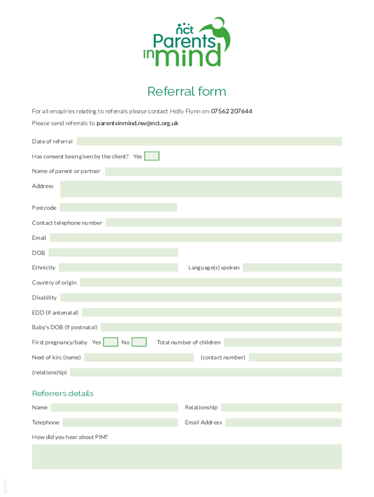 Fillable Online Parents in Mind Referral Information and Form Fax Email ...