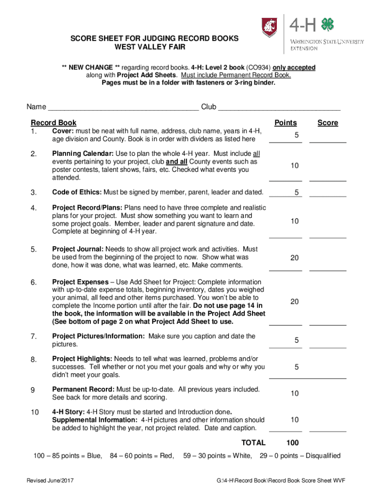 Fillable Online score sheet for judging record books west valley fair ...