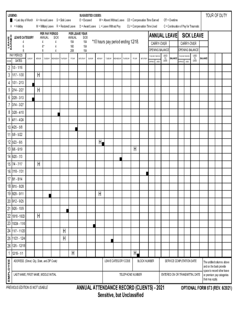 Fillable Online Optional Form 873 - Annual Attendance Record (Clients ...