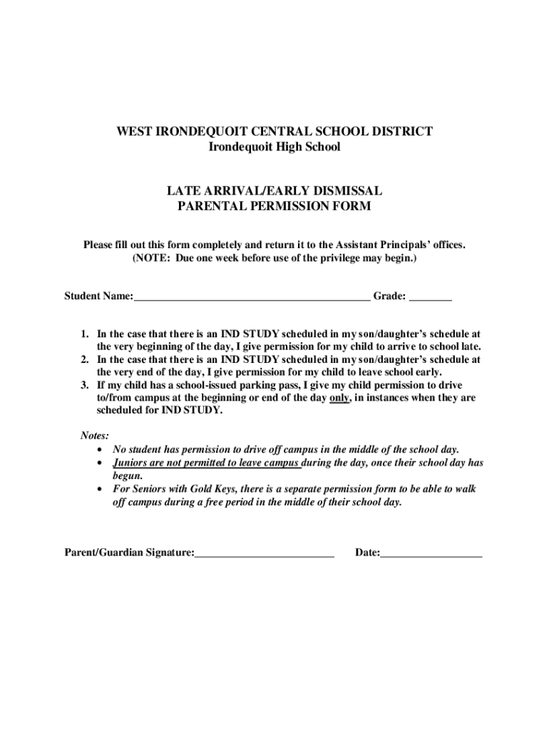 Fillable Online Late Arrival/Early Dismissal Parent Permission Form Fax Email Print - pdfFiller