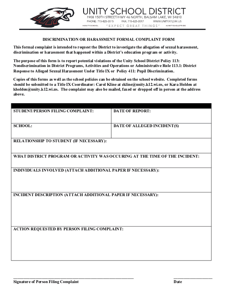 Fillable Online discrimination or harassment formal complaint form Fax Email Print - pdfFiller