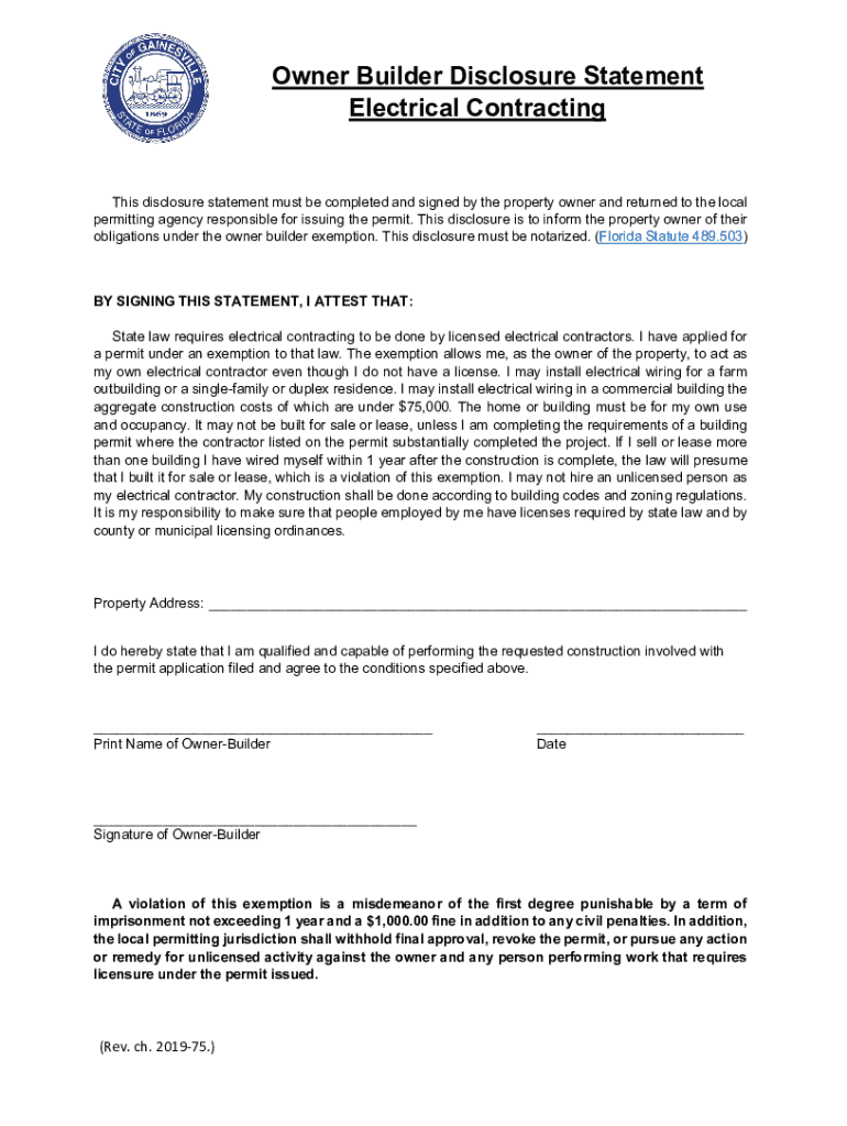 Fillable Online Owner Builder Disclosure Statement Electrical ...