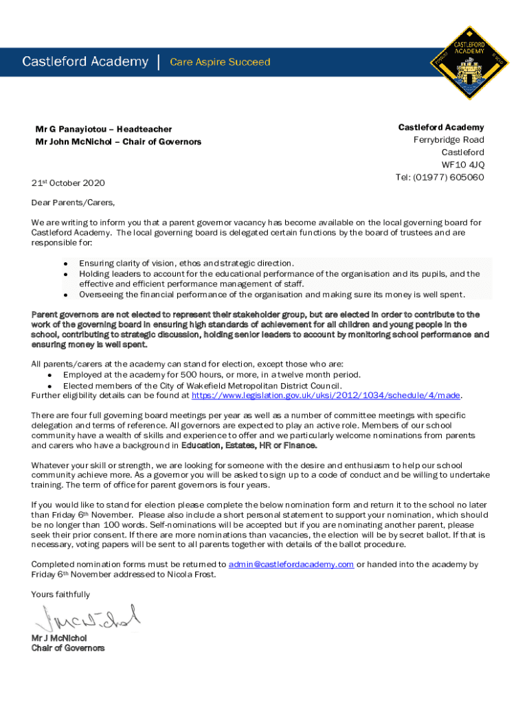 Fillable Online Headteacher Mr John McNichol Chair of Governors ... Fax ...