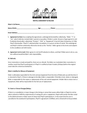 Fillable Online RENTAL AGREEMENT & RELEASE Rider's Full Name: Date o ...