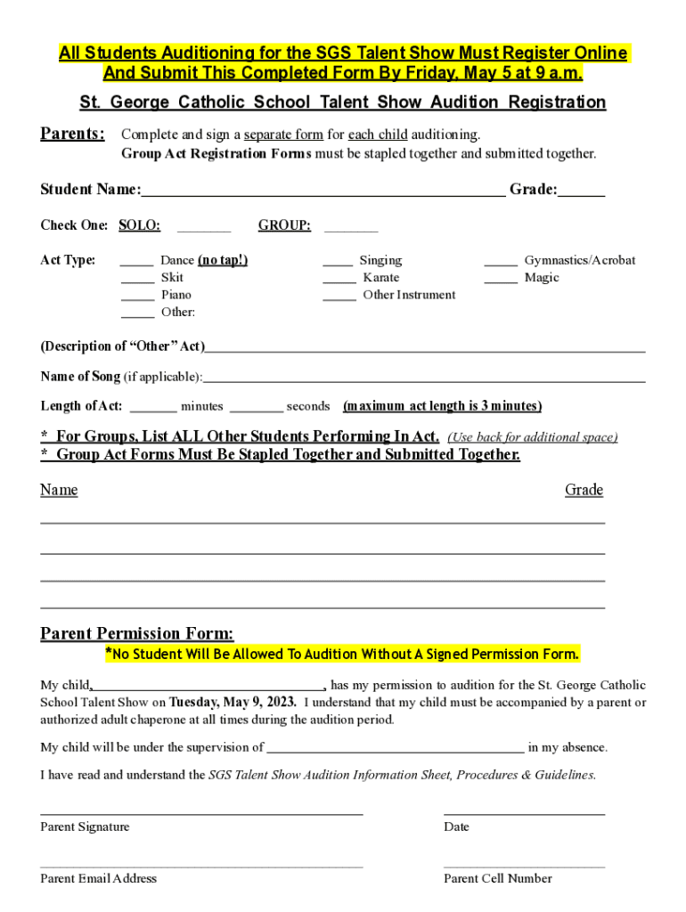Fillable Online Talent show registration form: Fill out & sign online ...