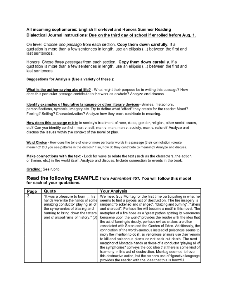Fillable Online English II on-level and Honors Summer Reading ... Fax Email Print - pdfFiller