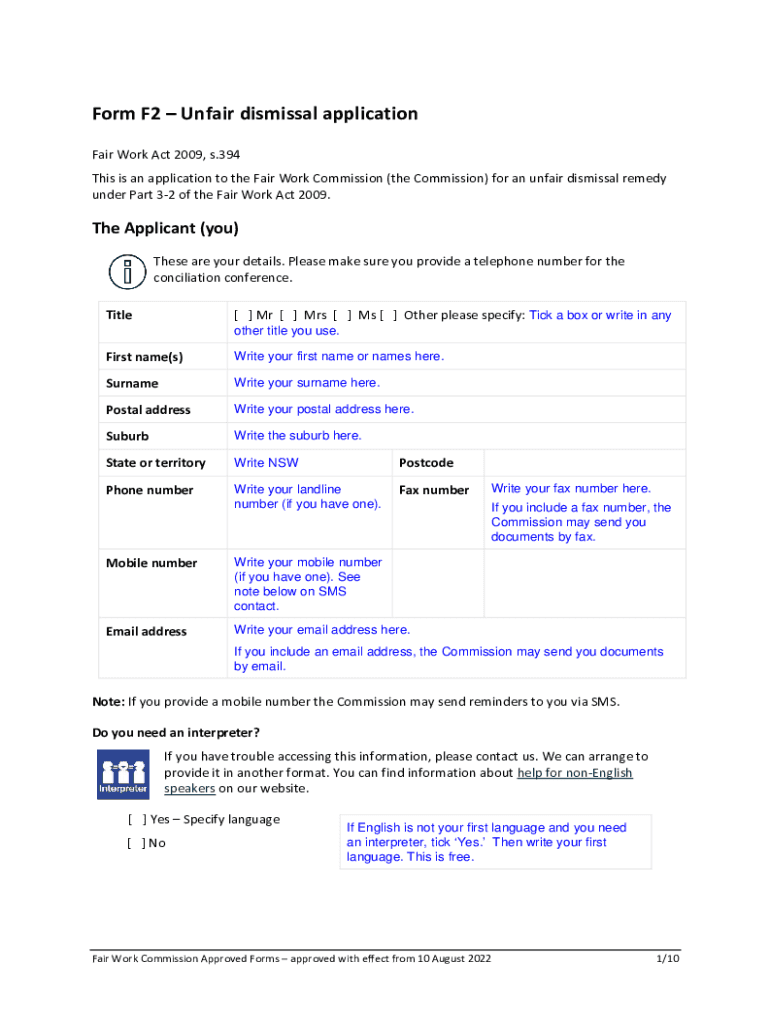 Fillable Online Form F2 Unfair Dismissal Application - sample Fax Email Print - pdfFiller