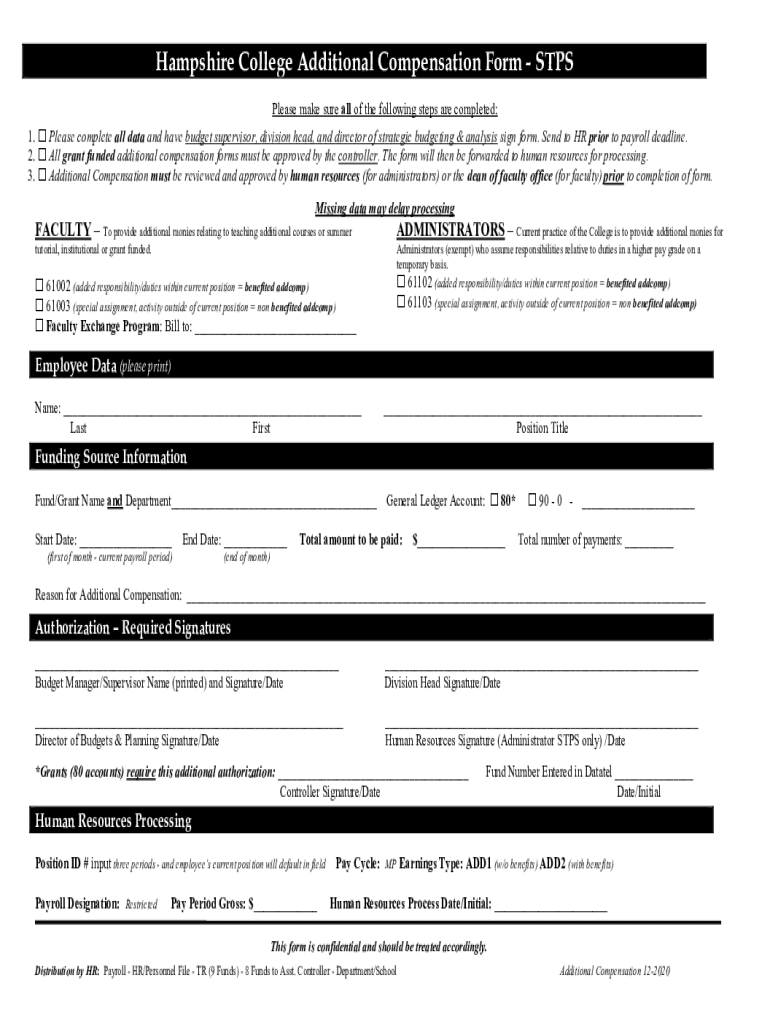 Fillable Online Hampshire College Additional Compensation Form STPS Fax ...