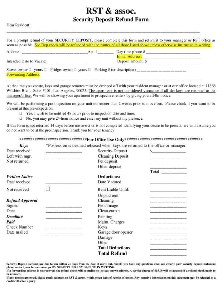 Fillable Online Security Deposit Refund Form Fax Email Print - pdfFiller