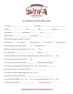 Fillable Online SYFA FOOTBALL COACH APPLICATION First Name Fax Email ...