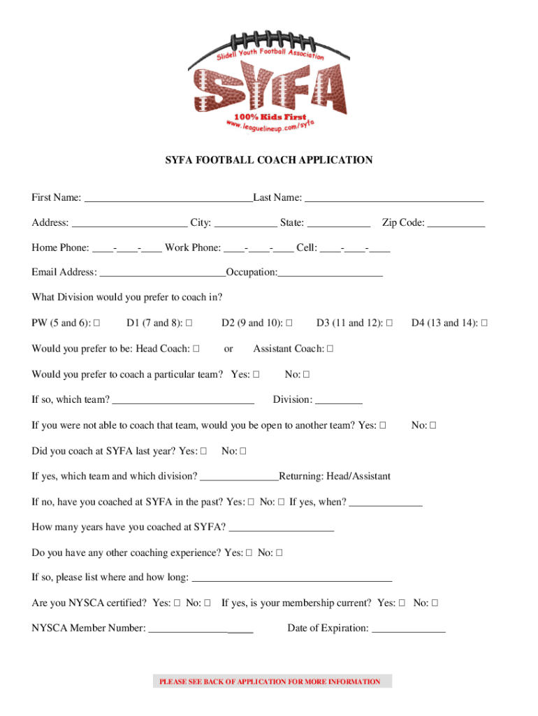 Fillable Online SYFA FOOTBALL COACH APPLICATION First Name Fax Email ...