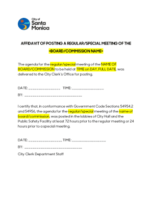 Fillable Online AFFIDAVIT OF POSTING A REGULAR/SPECIAL MEETING ... Fax ...