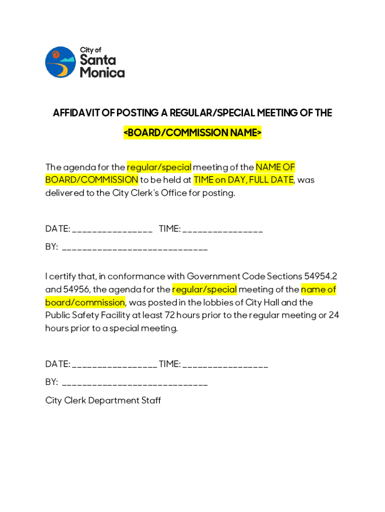 Fillable Online AFFIDAVIT OF POSTING A REGULAR/SPECIAL MEETING ... Fax Email Print - pdfFiller