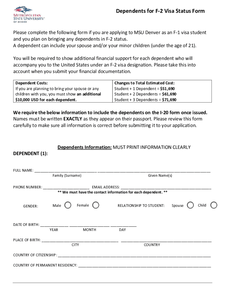 Fillable Online Dependents for F-2 Visa Status Form Fax Email Print ...