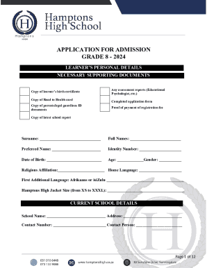 Fillable Online application for admission grade 8 - 2024 - learner's ...