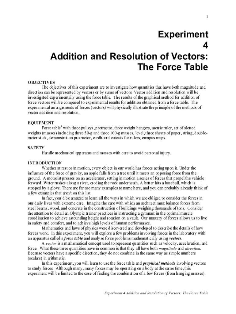 Fillable Online Experiment 4 Addition And Resolution Of Vectors The